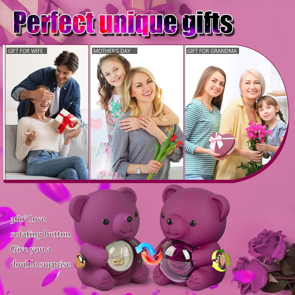 Eternal Rose Bear Gift Box with Necklace, Eternal Rose with Chain, Rose ...