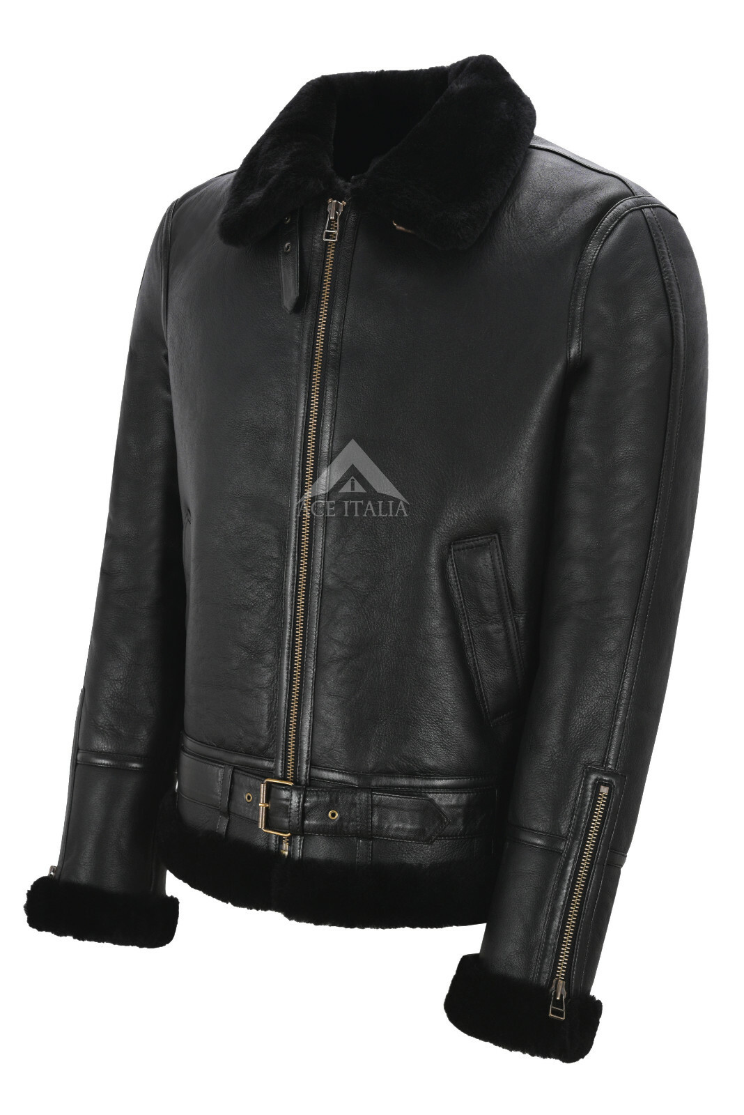 Mens B3 Classic Real Shearling Sheepskin Jacket Belted Black Fur Bomber ...