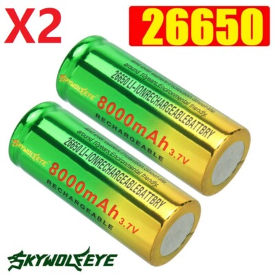 2PCS 26650 Batteries Rechargeable Li-Ion Battery Flat Top 26650 Lithium ...