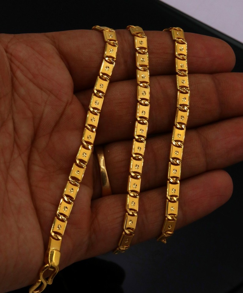 22K YELLOW GOLD HANDMADE NAWABI CHAIN DESIGN GOLD BAR CHAIN ROYAL ...