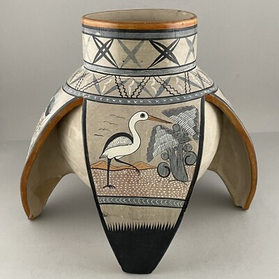 Jimon Pottery Vase Tonala Mexico Bird Flowers Hand Painted Panels ...