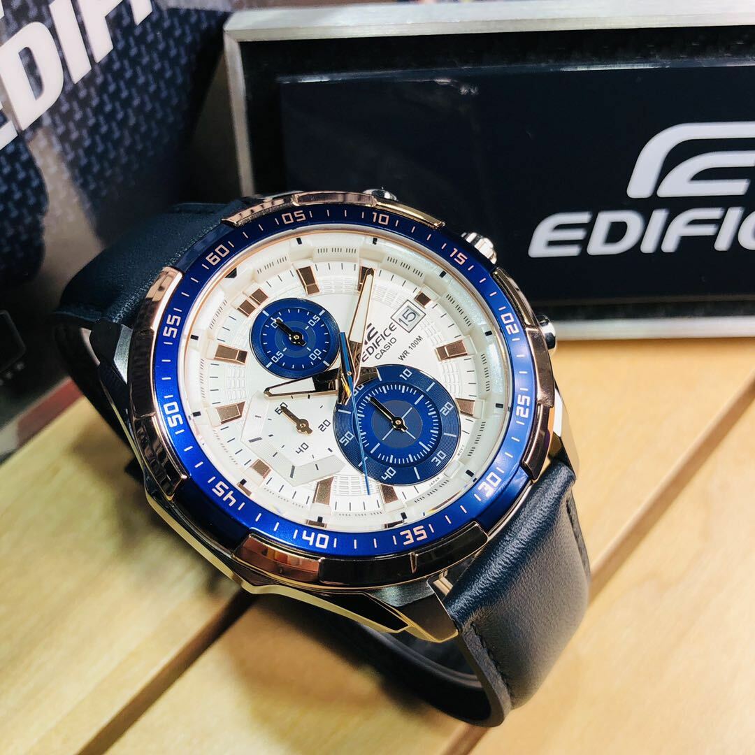EFR-539L-7CV CASIO EDIFICE Chronograph Ion Plated Bezel Navy Leather ...