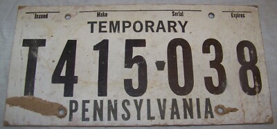 1964 VINTAGE PENNSYLVANIA TEMPORARY LICENSE PLATE MASS PAPERBOARD | eBay