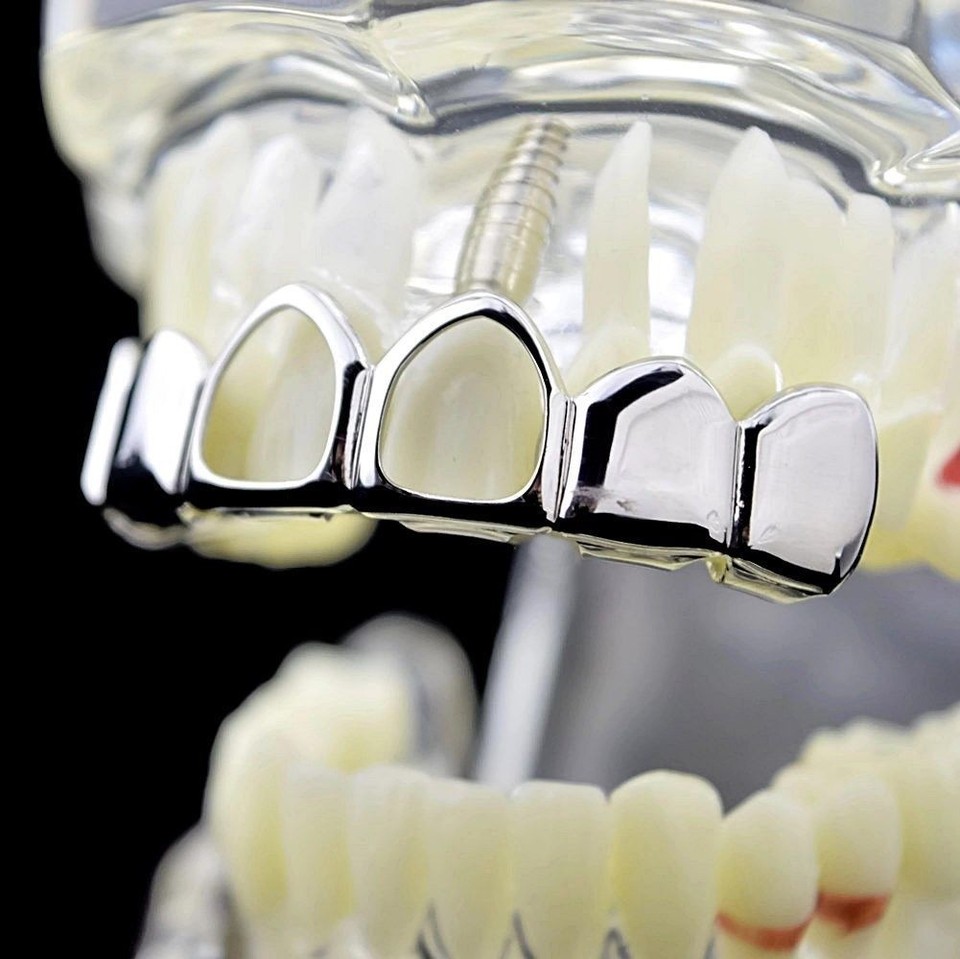 Two Open Face Tooth Grillz Silver Tone Grill Top Row Upper Teeth Hip ...