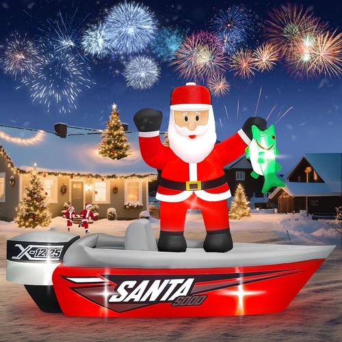 9FT Christmas Inflatables Outdoor Decorations, Giant Santa Fishing Boat ...