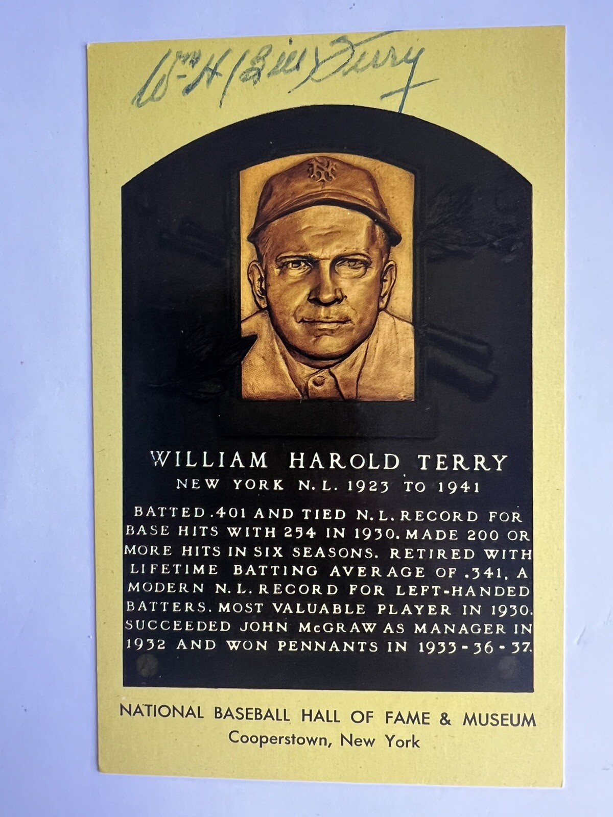 BILL TERRY AUTOGRAPHED Yellow HOF Postcard Plaque | eBay