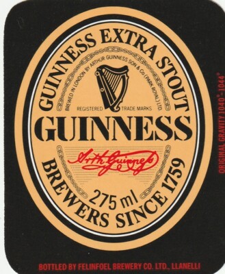 BEER BOTTLE LABEL - GUINNESS BREWERY (IRELAND) - EXTRA STOUT BREWED BY ...