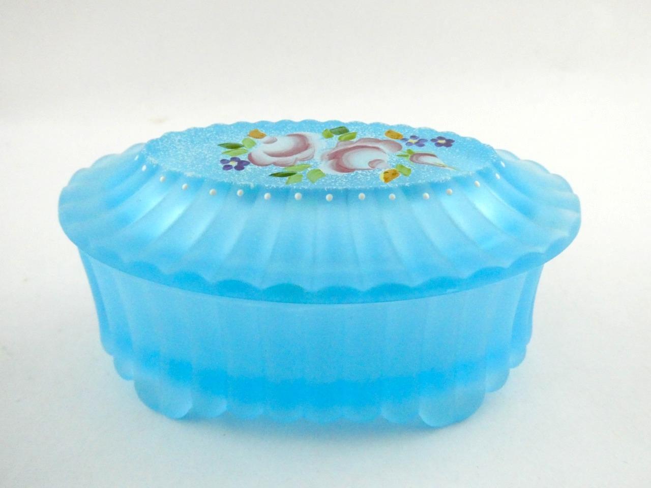 Fenton Art Glass Light Blue Oval Dresser Box w Lid Hand Painted Flowers ...