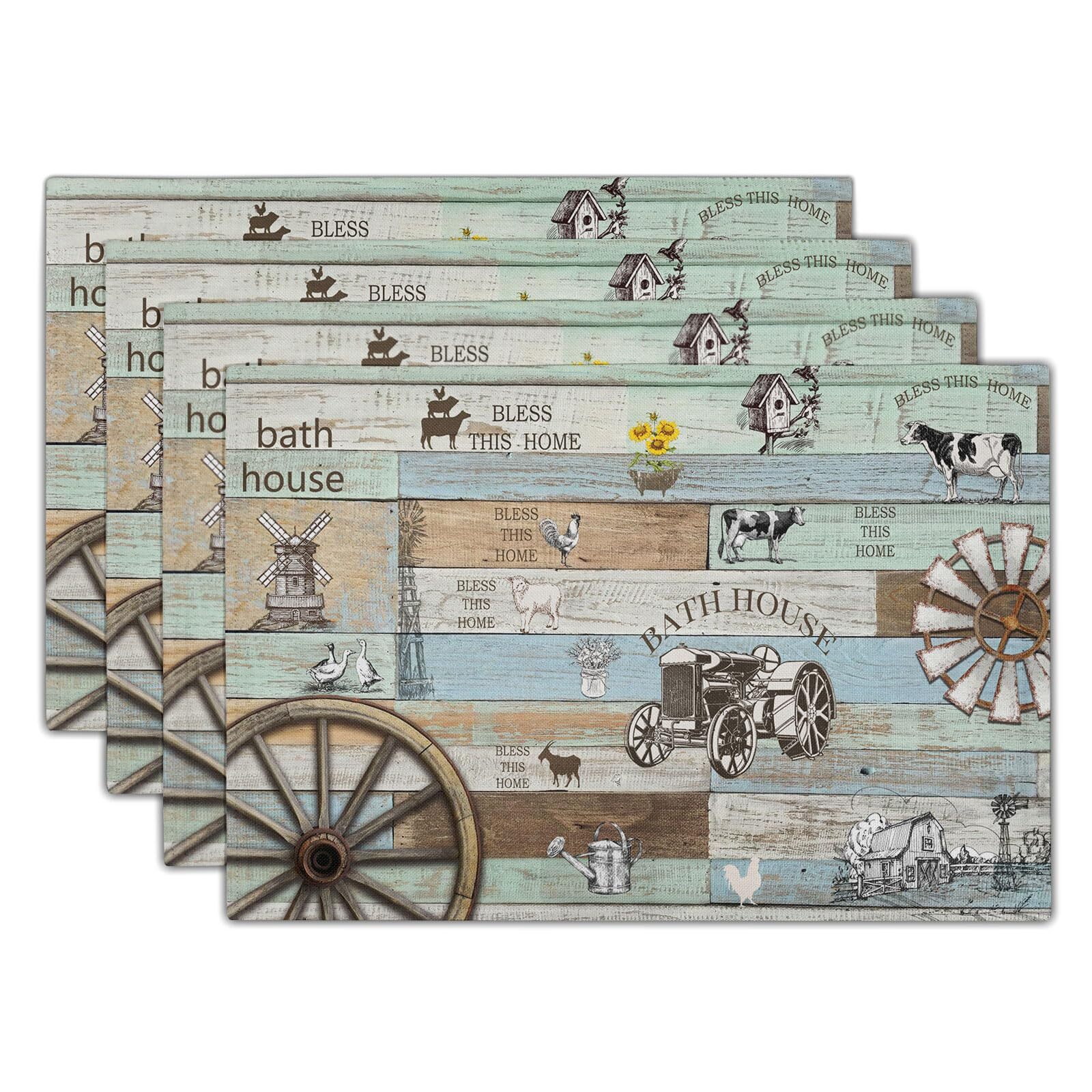 Farmhouse Animal Farm Placemats Set of 4 Retro Rustic Barn Teal Green ...