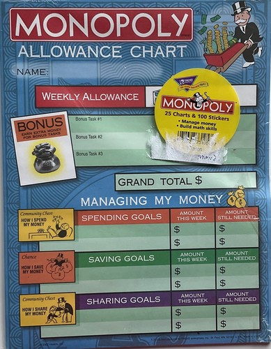 HASBRO Monopoly Allowance Chart Money and Math Skills Charts & Stickers ...