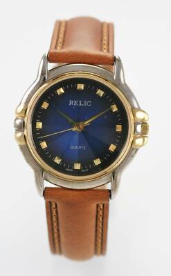 Relic Watch Mens Blue Stainless Steel Silver Gold Brown Leather Battery ...
