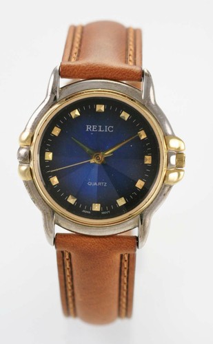 Relic Watch Mens Blue Stainless Steel Silver Gold Brown Leather Battery ...