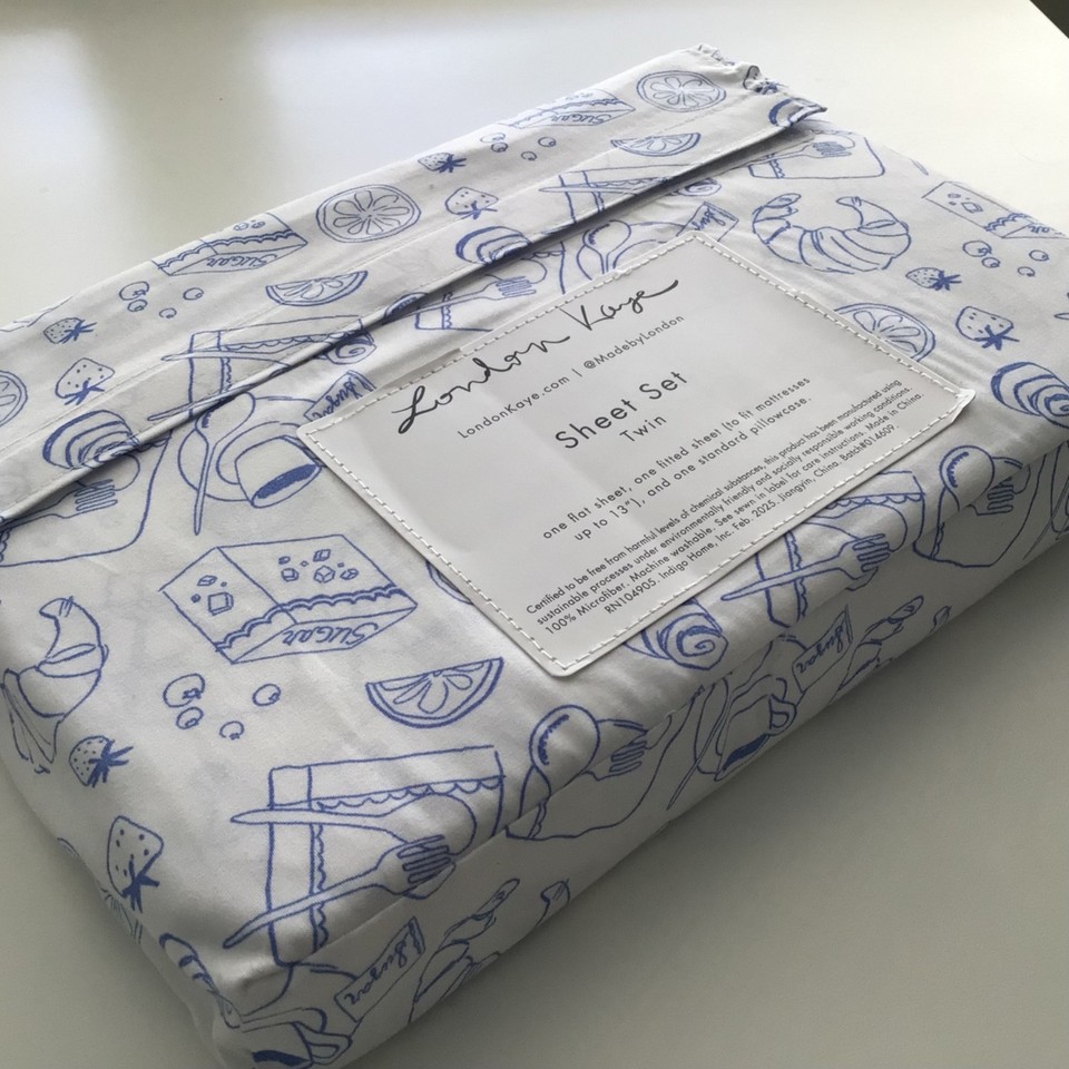 London Kaye Parisian Cafe TWIN Sheet Set 4pcs Blue on White Pattern ...