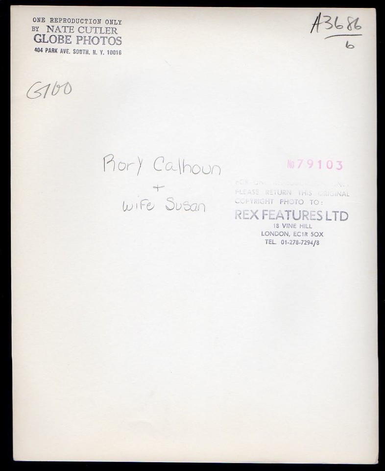 actor Rory Calhoun & wife Susan ORIG PHOTO by Nate Cutler stamped Globe ...