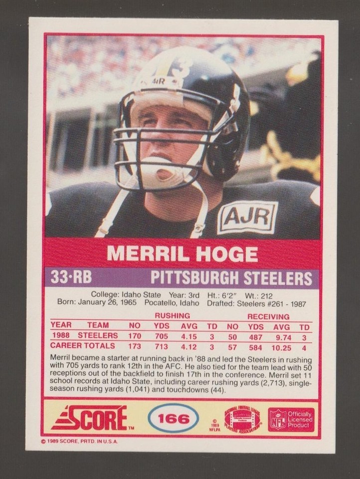 1989 Score Merril Hoge Pittsburgh Steelers #166 Near Mint or Better | eBay