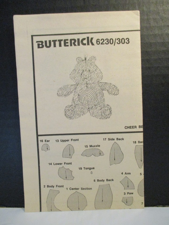 Butterick Pattern 6230 Care Bears Cheer Bear Rainbow 17" Tall Uncut ...