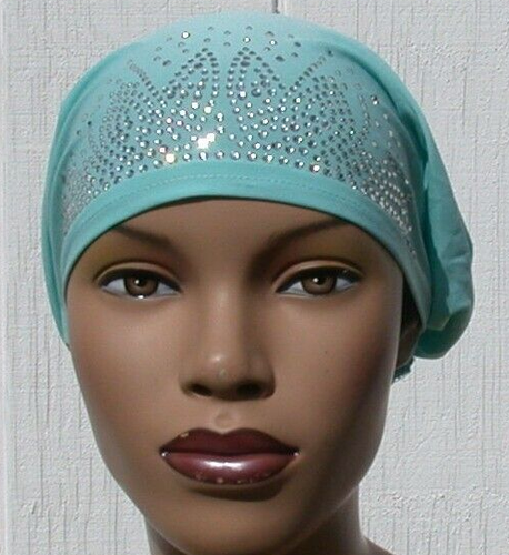 Rhinestone Turban Cap Hijab TURKISH BLUE Rayon Chemo Tie Back Cap | eBay