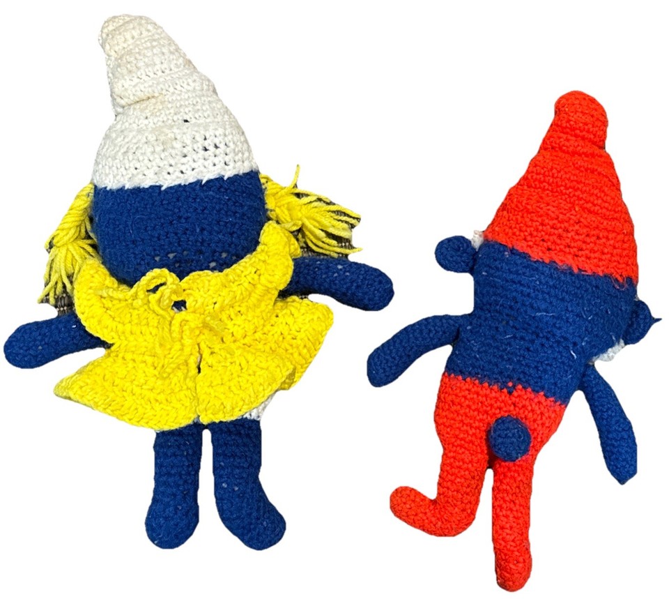 Vintage Hand-Made (2) Smurf Stuffed Animal Pair Toy 90s Knitted Yarn ...