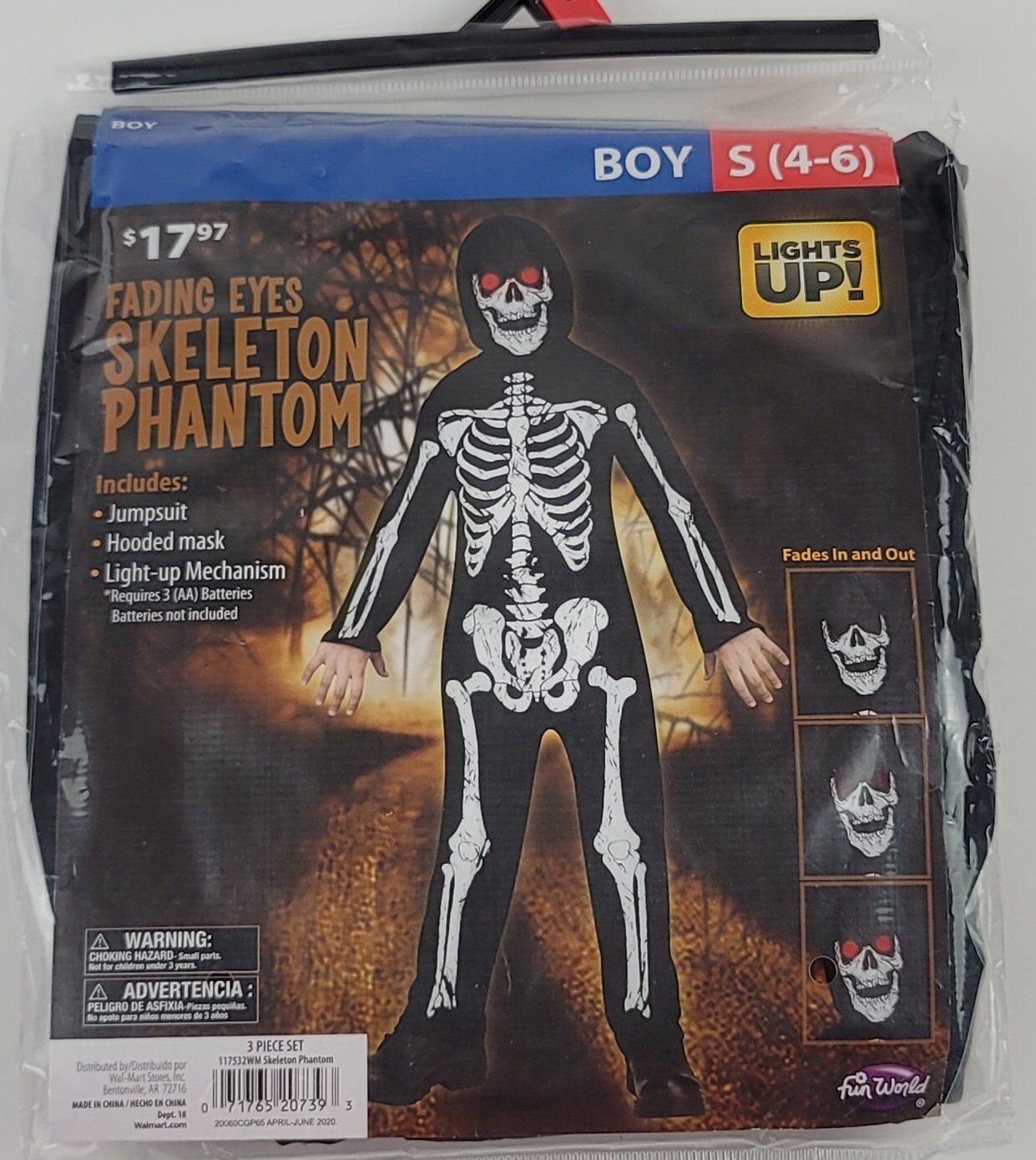 Boys Fading Eyes Skeleton Phantom Costume Dress Up Size S (4-6) Light ...