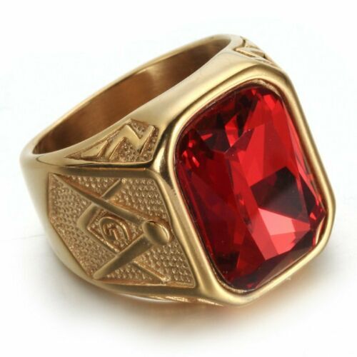 MENDEL Mens Gold Plated Masonic Red CZ Stone Ring Stainless Steel Size ...