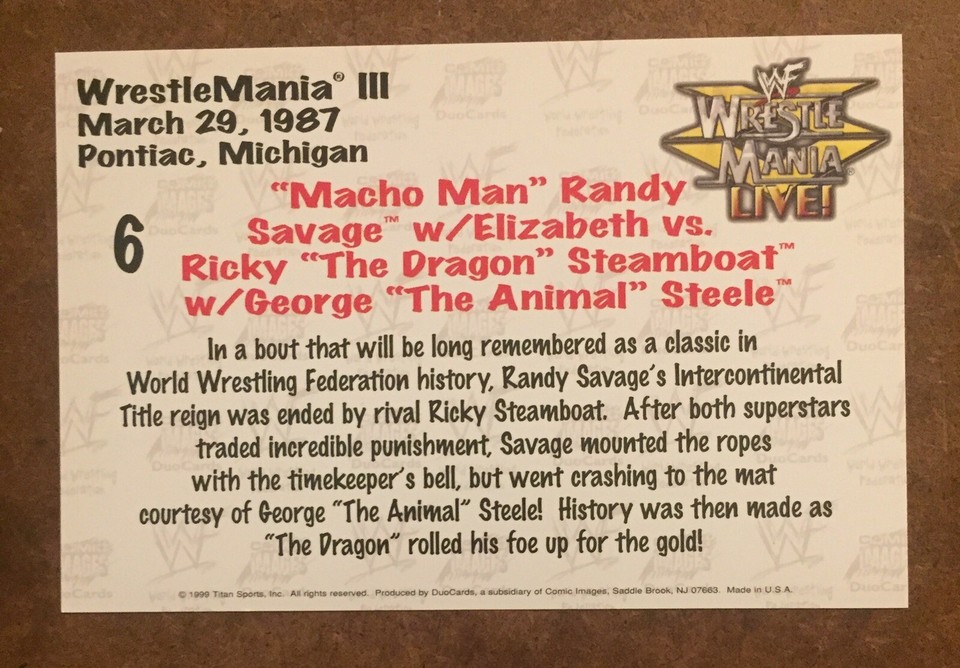 Macho Man Ricky Steamboat 6 WWF Photo Card 4 X 6 Wrestlemania III WWE ...
