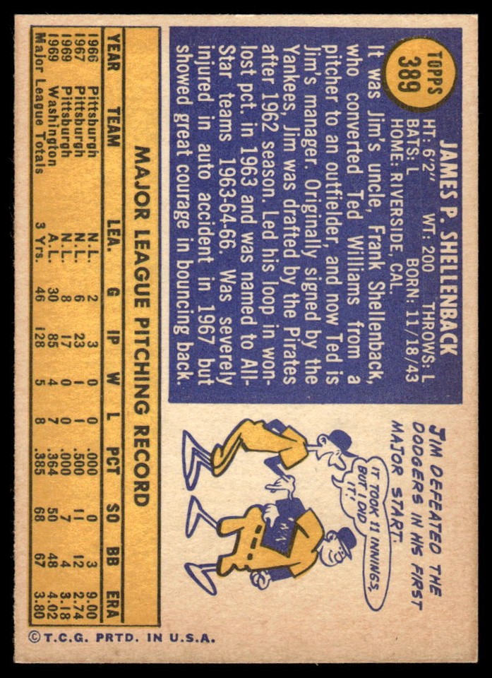 1970 Topps Jim Shellenback #389 Washington Senators Baseball Card | eBay