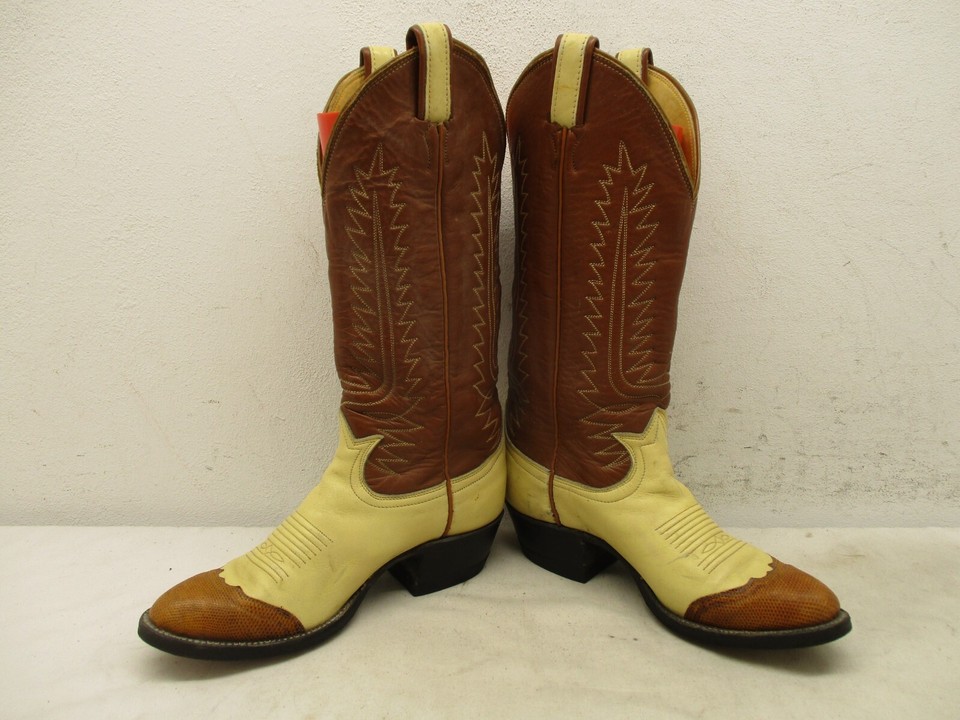 Tony Lama Brown Cream Leather Lizard Wingtip Cowboy Boot Sty 6214 Women ...