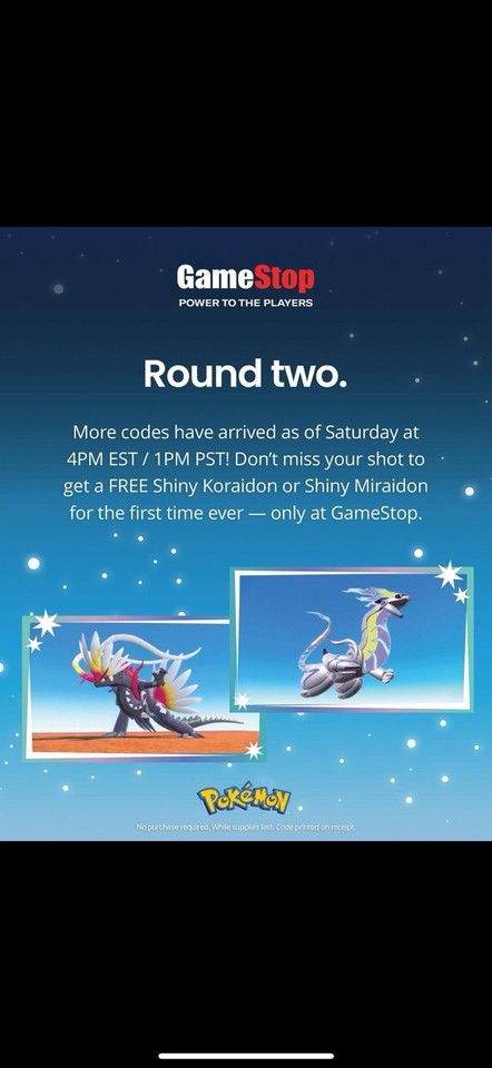 Pokemon Scarlet/Violet Code - SHINY Miraidon Koraidon - GameStop ...