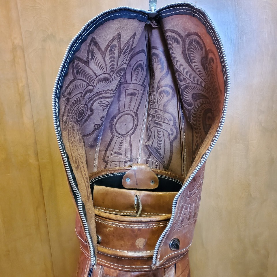 Vintage Mexican Leather Hand Tooled Mexico Golf Bag Aztec Zip Cover ...