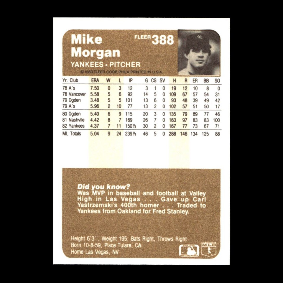 Mike Morgan 1983 Fleer New York Yankees #388 NM Vintage! | eBay