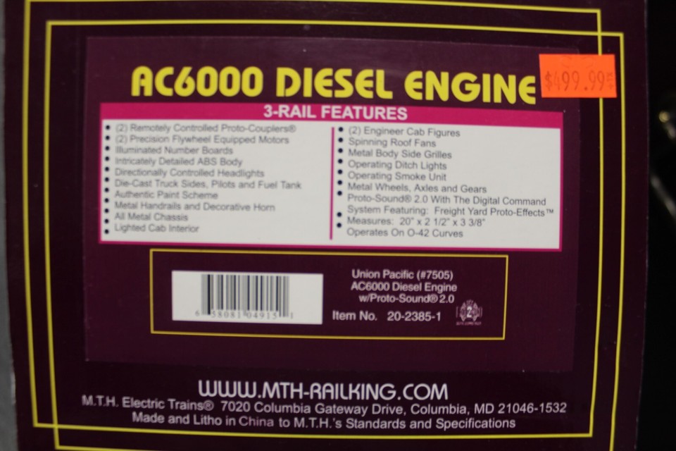 MTH Premier Union Pacific O Scale Premier AC6000 Diesel Engine w/Proto ...