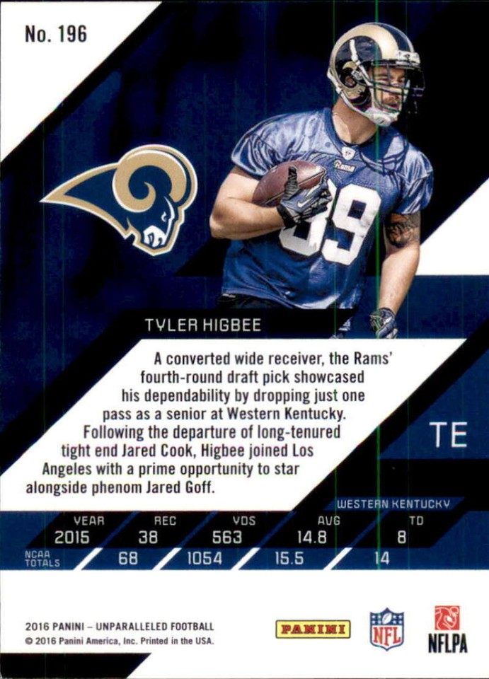 2016 Panini Unparalleled Rookie Teal #196 TYLER HIGBEE LA Rams | eBay