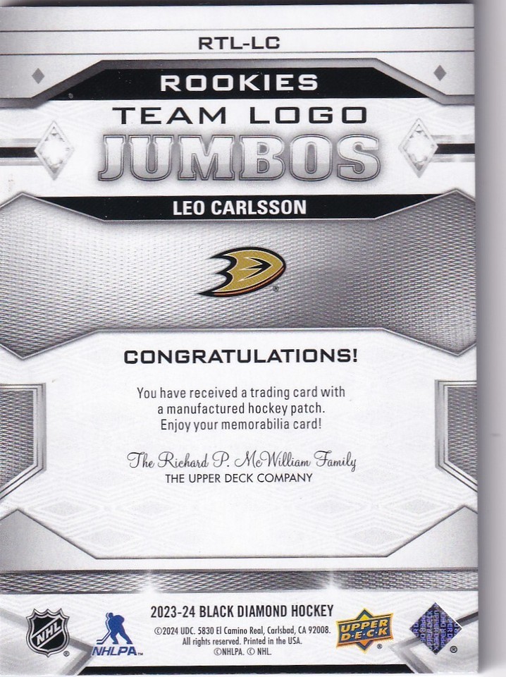 2023-24 UD Black Diamond Rookie Team Logo Jumbo RTL-LC Leo Carlsson | eBay