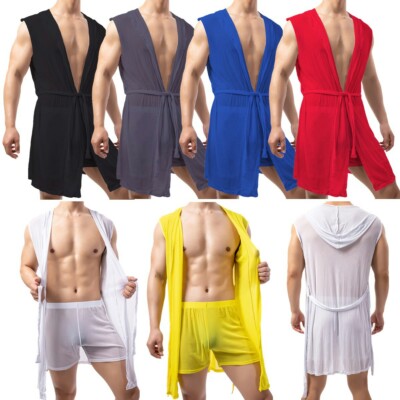 Men's Mesh Fishnet Robes Hooded Bathrobes Kimono Wrestling Singlet ...