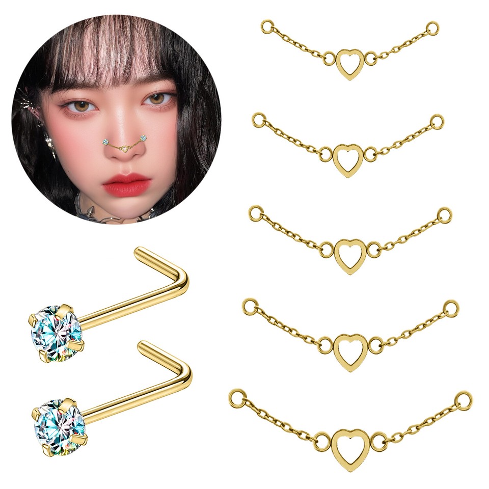 7Pcs/Set Surgical Steel Across Nostril Piercing CZ Nose Stud Nose Chain ...