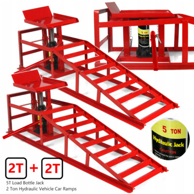 2x 2T Hydraulic Car Ramps Heavy Duty Garage Van Ramp with 5 Ton Bottle ...