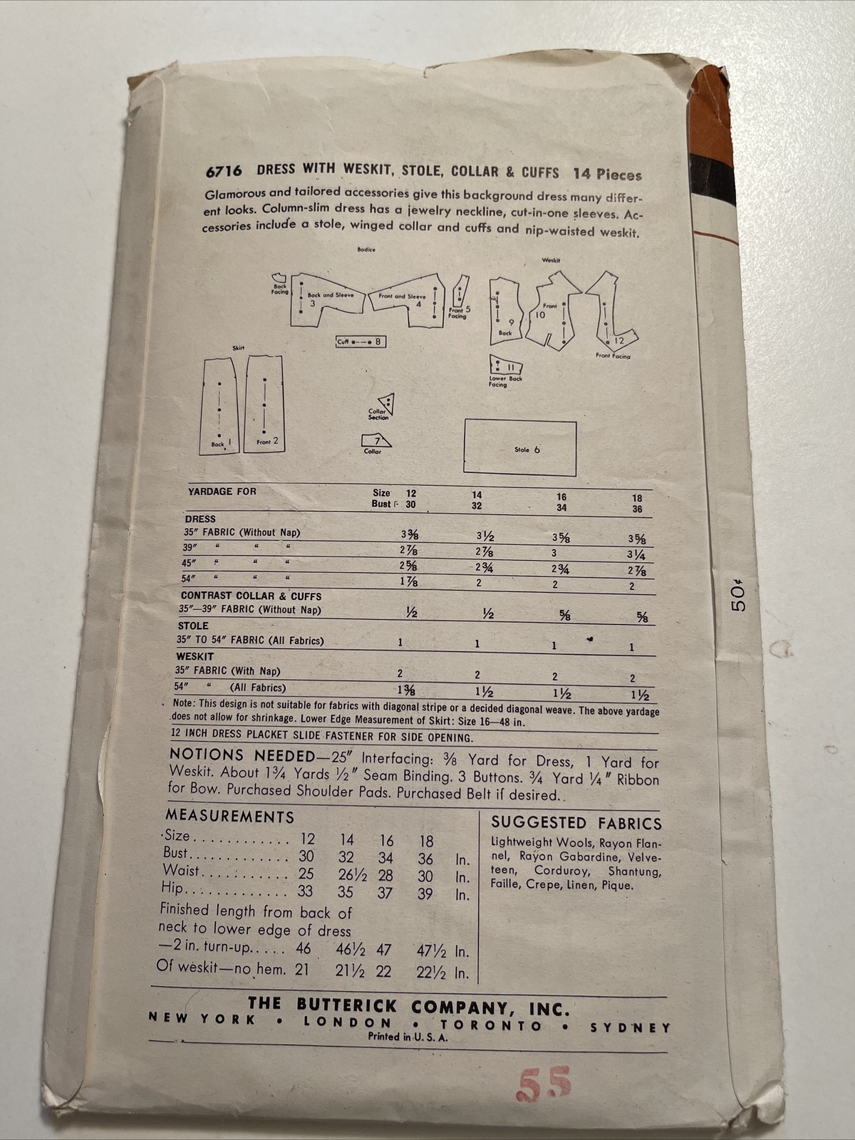 Vintage 1940s 1950s BUTTERICK Sewing Pattern 6716 Dress Weskit Stole Sz ...
