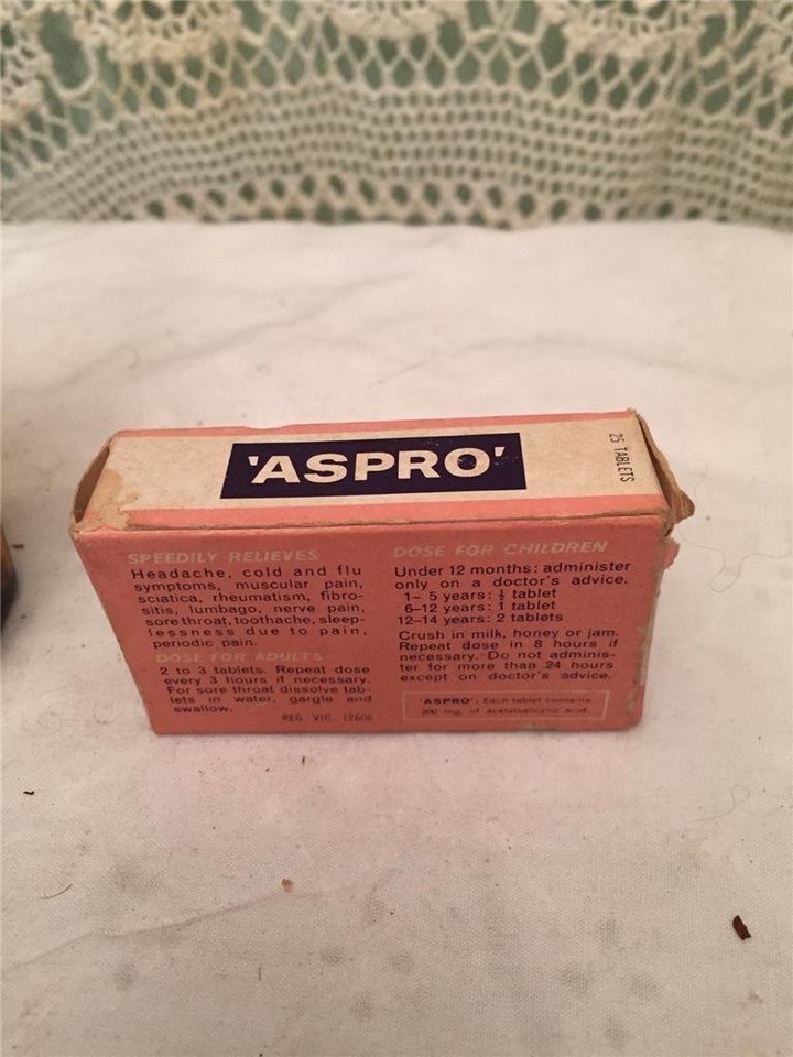 Scarce Vintage 1950s Australian ASPRO Paper Label Bottle & Empty Box ...