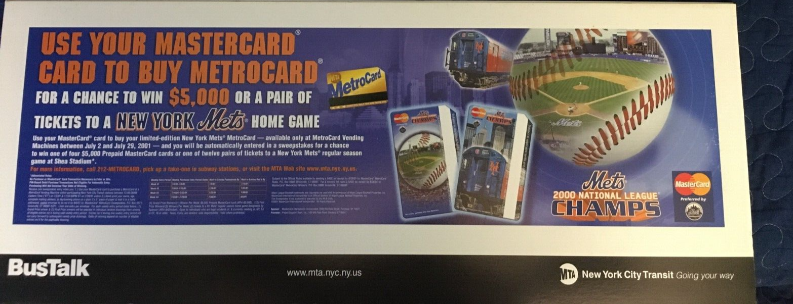 NYC/MTA METS 2000 NATIONAL CHAMPS 2 METROCARD SET BUS/SUBWAY POSTER | eBay