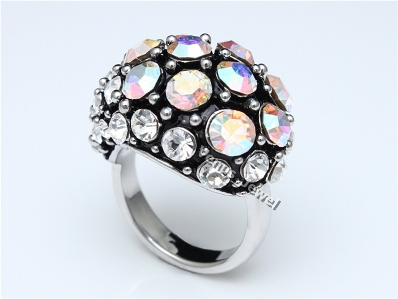 Gorgeous Black Silver AB Rhinestone Crystal Fashion Cocktail Ring S 9 ...