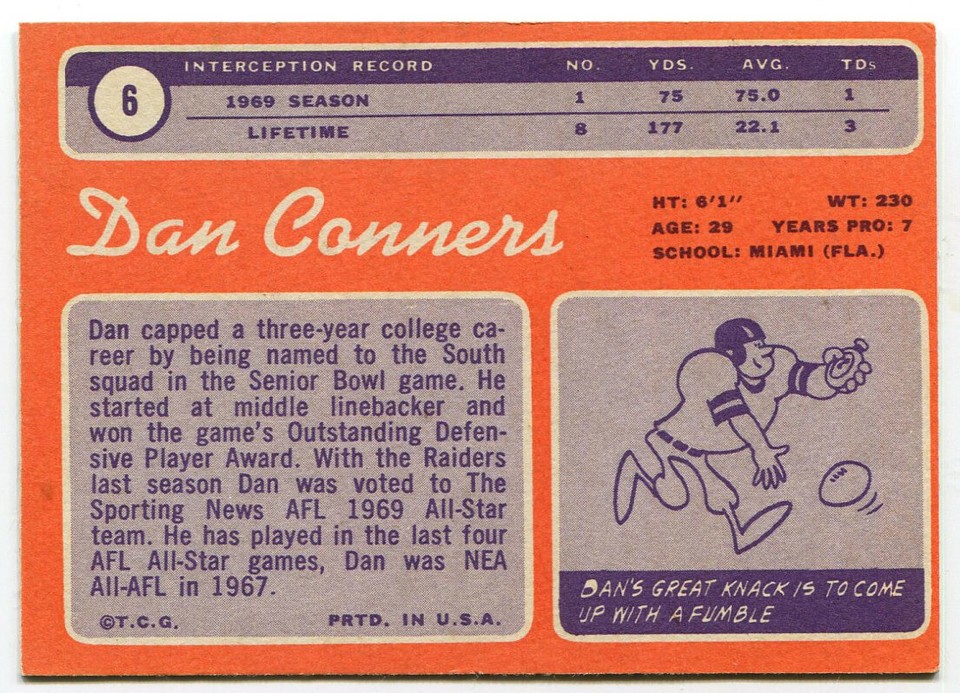 1970 Topps #6 Dan Conners Oakland Raiders - Rookie Card | eBay