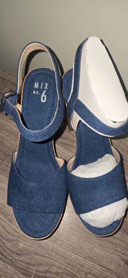 Denim Blue Jean Platform Sandals Ankle Strap WOOD Block Heel, Size 10 ...