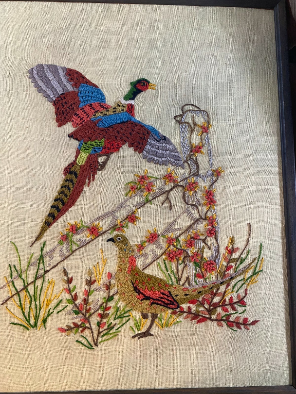 Vintage Crewel Work Embroidery "Two Birds In Landscape Scene" - Framed ...
