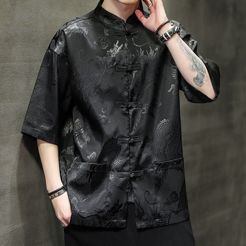 Men Chinese Tang Suit Top Shirt Half Sleeve Frog Button Dragon Print ...
