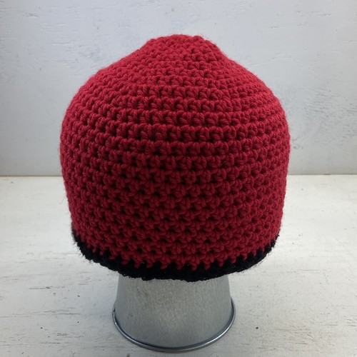 Handmade Red Crochet Knit Beanie Boggin Hat Winter Black Rim One Size ...