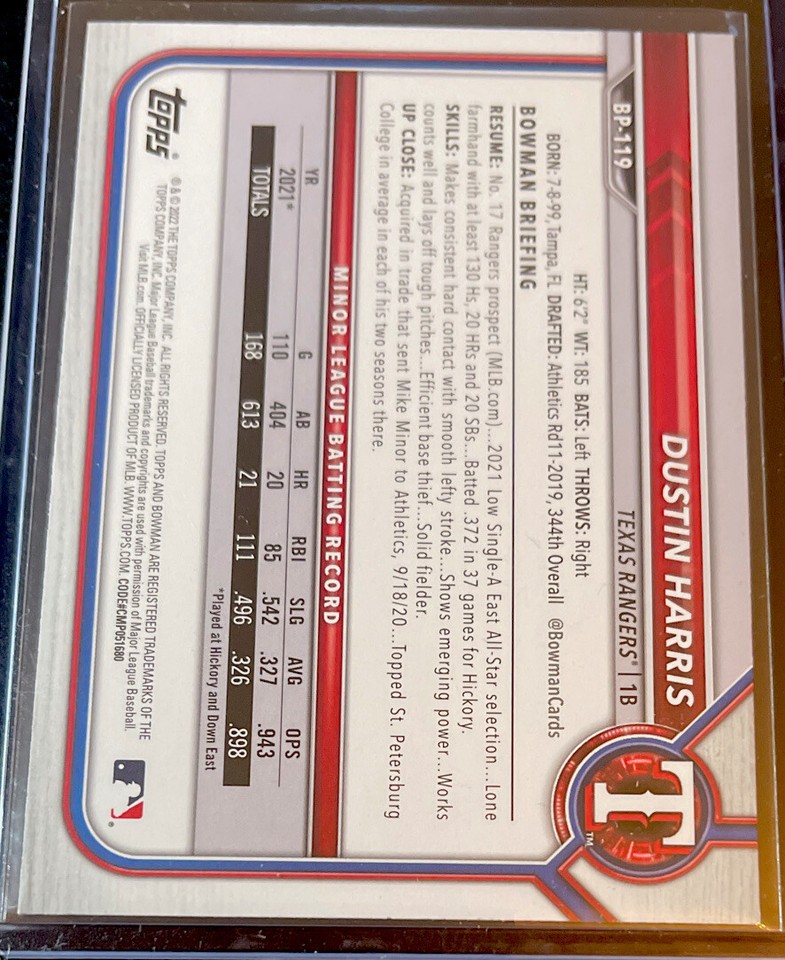 2022 1st Bowman Dustin Harris BP-119 Rookie Texas Rangers - Free ...
