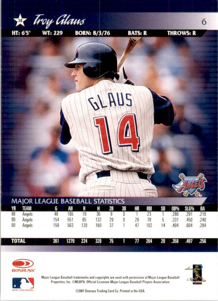 2001 Donruss Troy Glaus Anaheim Angels #6 MLB Baseball Sports Card | eBay