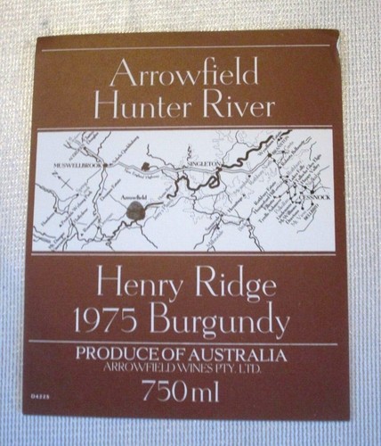 ARROWFIELD HUNTER RIVER Henry Ridge 1975 Burgundy Distillery WINE LABEL ...