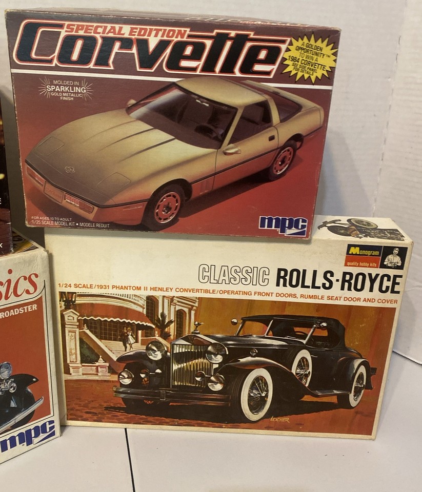 Vintage Model Car Kit Lot Of 4 Monogram MPC Corvette Rolls-Royce Chevy ...