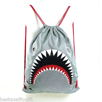 UNISEX WATER RESISTANT GREY NYLON SHARK BITE JAWS DRAWSTRING SACK BACK ...